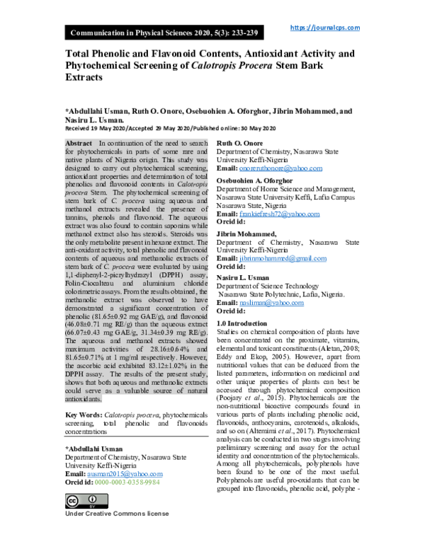 (PDF) Total Phenolic and Flavonoid Contents, Antioxidant Activity and Phytochemical Screening of ...