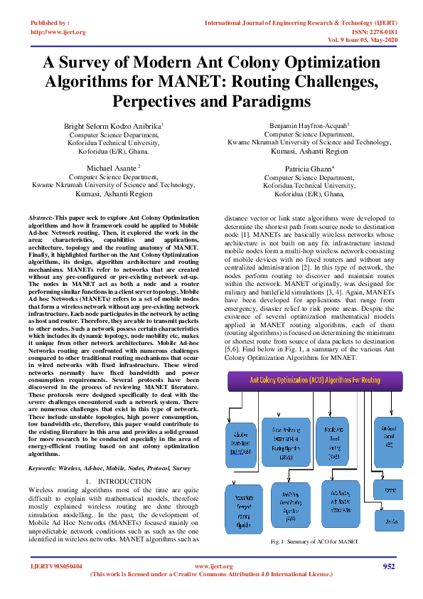 Pdf A Survey Of Modern Ant Colony Optimization Algorithms For Manet Routing Challenges
