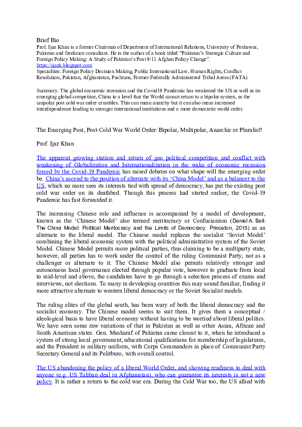 (DOC) The emerging Post Post Cold War World: Bipolar, Multipolar ...