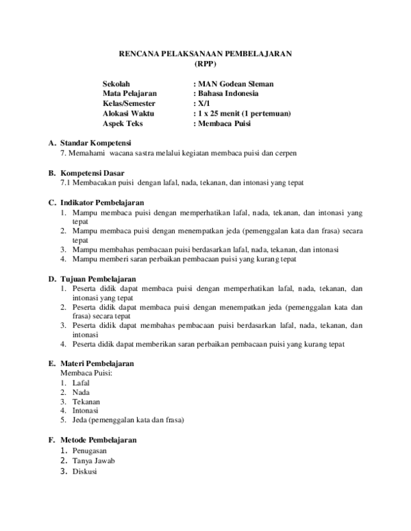 (PDF) RPP MEMBACA PUISI BAHASA INDONESIA KELAS X