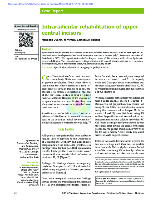 (PDF) Intraradicular rehabilitation of upper central incisors