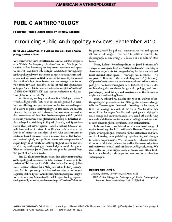 (PDF) PUBLIC ANTHROPOLOGY: Vibrant: A Review