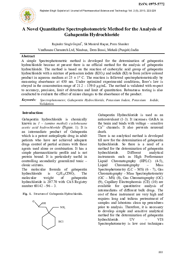(PDF) A Novel Quantitative Spectrophotometric Method for the Analysis of Gabapentin Hydrochloride