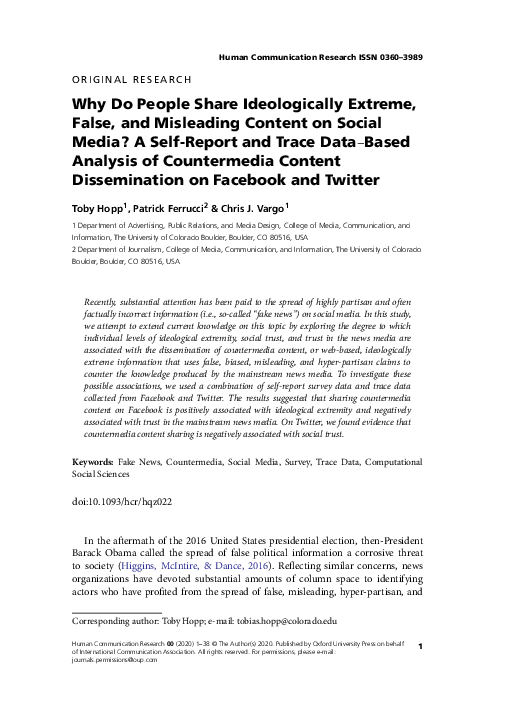 (PDF) Why Do People Share Ideologically Extreme, False, and Misleading ...