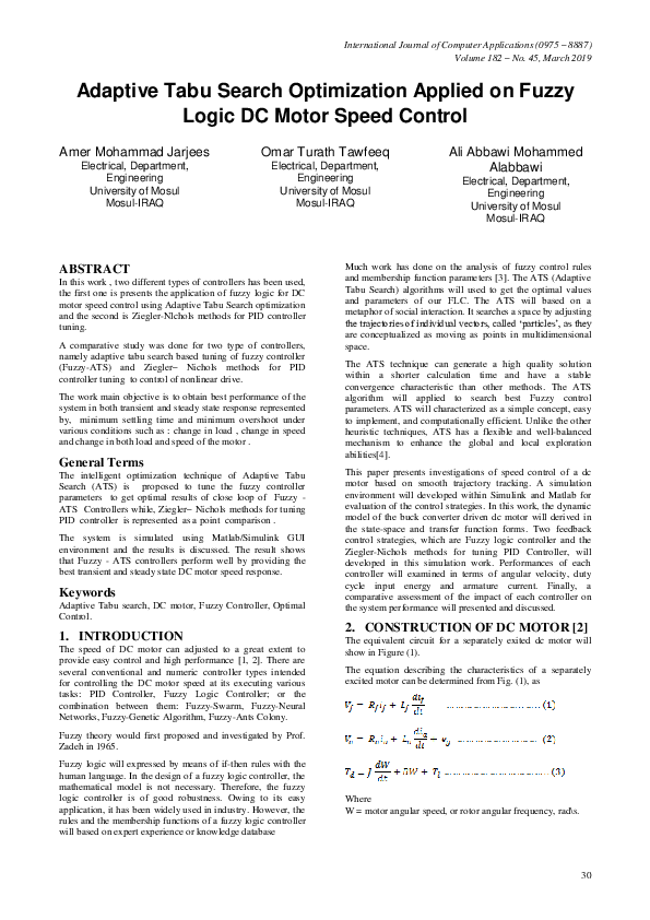 Pdf Adaptive Tabu Search Optimization Applied On Fuzzy Logic Dc Motor