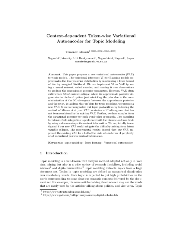 Pdf Context Dependent Token Wise Variational Autoencoder For Topic