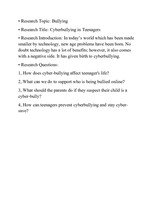 (DOC) Research Topic: Bullying • Research Title: Cyberbullying in Teenagers