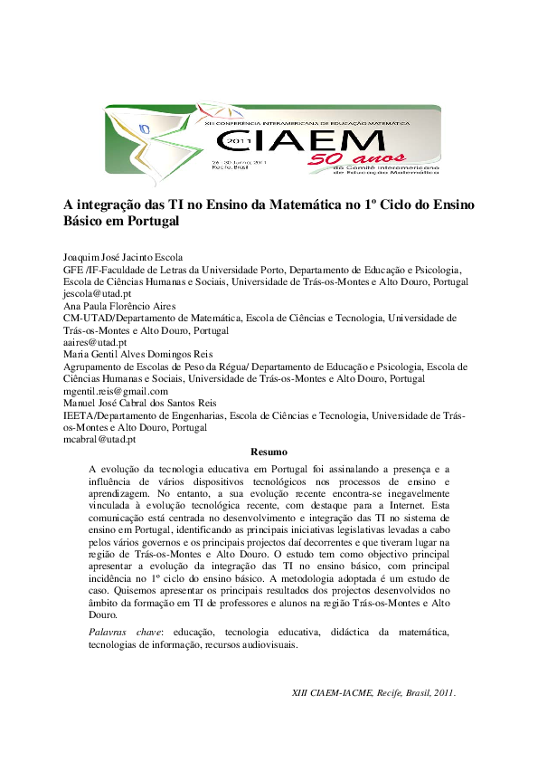 (PDF) A integração das TI no Ensino da Matemática no 1º Ciclo do Ensino ...