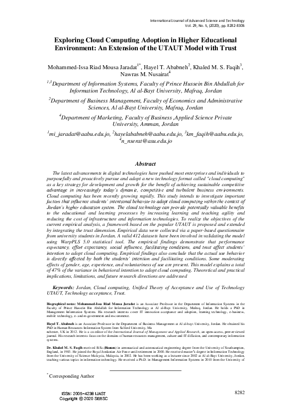 (PDF) Exploring Cloud Computing Adoption in Higher Educational Environment: An Extension of the ...