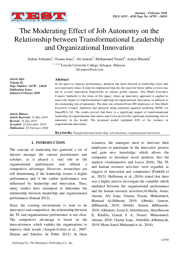 (PDF) The Moderating Effect of Job Autonomy on the Relationship between Transformational ...