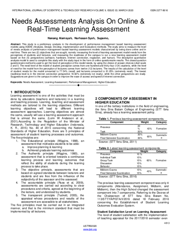 (PDF) Needs Assessments Analysis On Online & Real-Time Learning Assessment