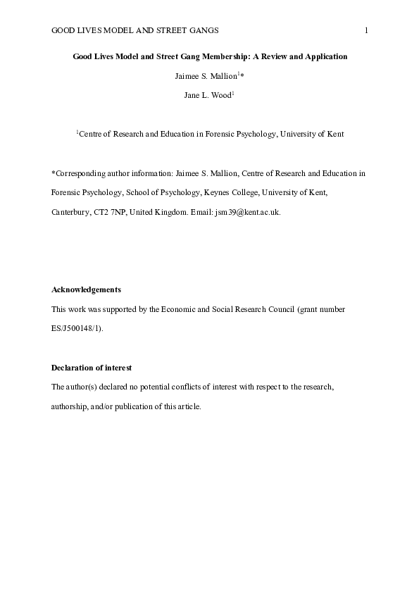(PDF) GOOD LIVES MODEL AND STREET GANGS 1 Good Lives Model and Street ...