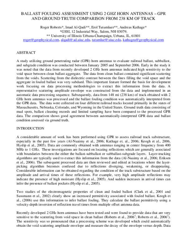 (PDF) BALLAST FOULING ASSESSMENT USING 2 GHZ HORN ANTENNAS -GPR AND GROUND TRUTH COMPARISON FROM ...