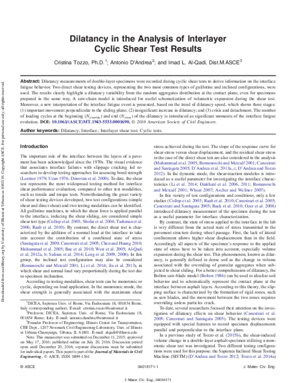 (PDF) Dilatancy in the Analysis of Interlayer Cyclic Shear Test Results