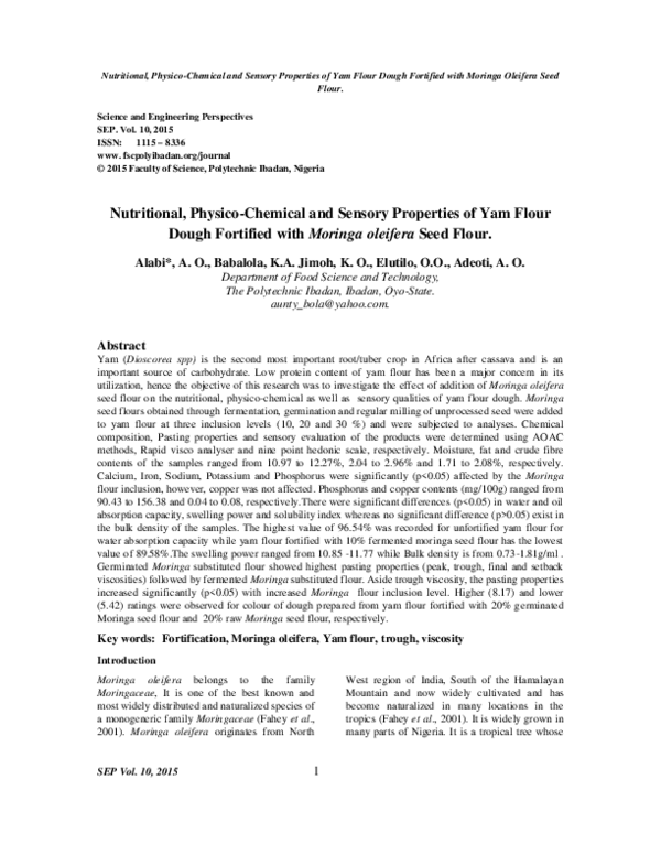 (PDF) Nutritional, Physico-Chemical and Sensory Properties of Yam Flour Dough Fortified with ...
