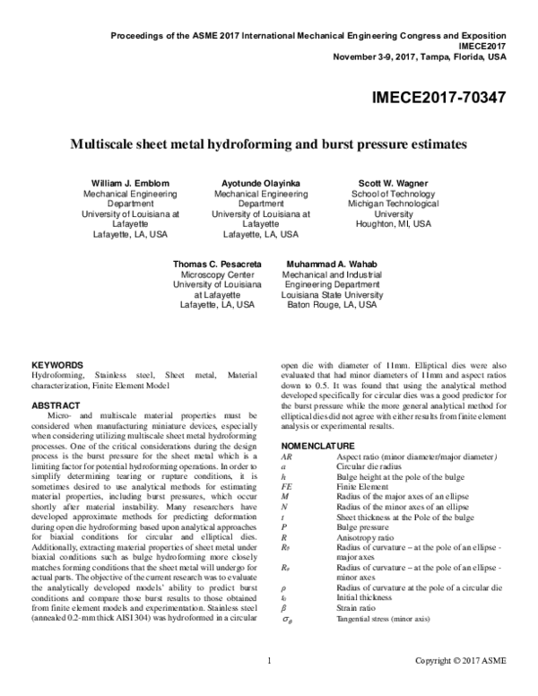 (PDF) Multiscale sheet metal hydroforming and burst pressure estimates