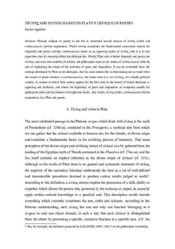 (DOC) Téchne and Enthousiasmós in Plato’s Critique of Poetry