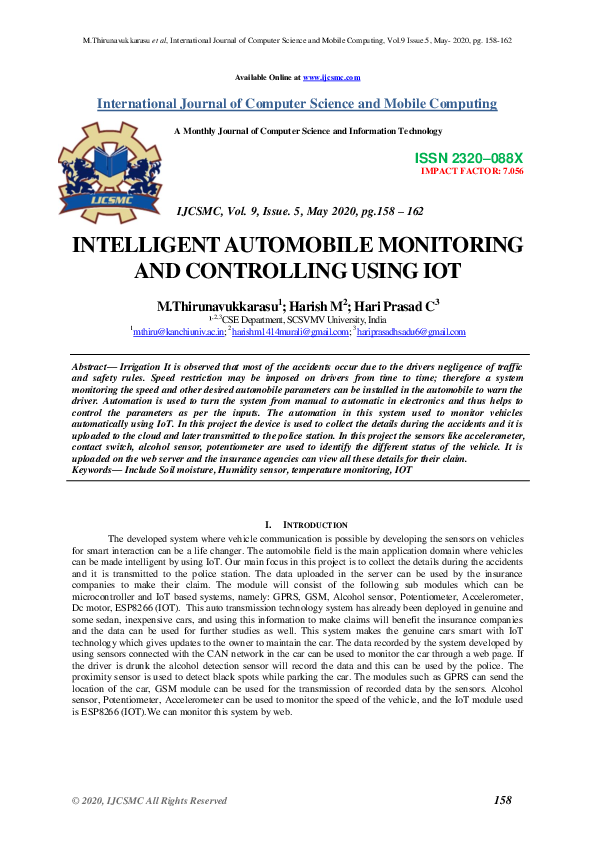 (PDF) INTELLIGENT AUTOMOBILE MONITORING AND CONTROLLING USING IOT﻿