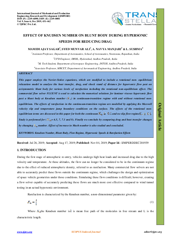 (PDF) EFFECT OF KNUDSEN NUMBER ON BLUNT BODY DURING HYPERSONIC SPEEDS ...