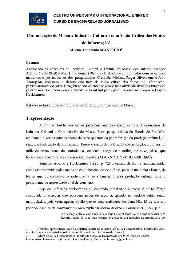 (PDF) Comunicação de Massa x Indústria Cultural uma Visão Crítica das ...
