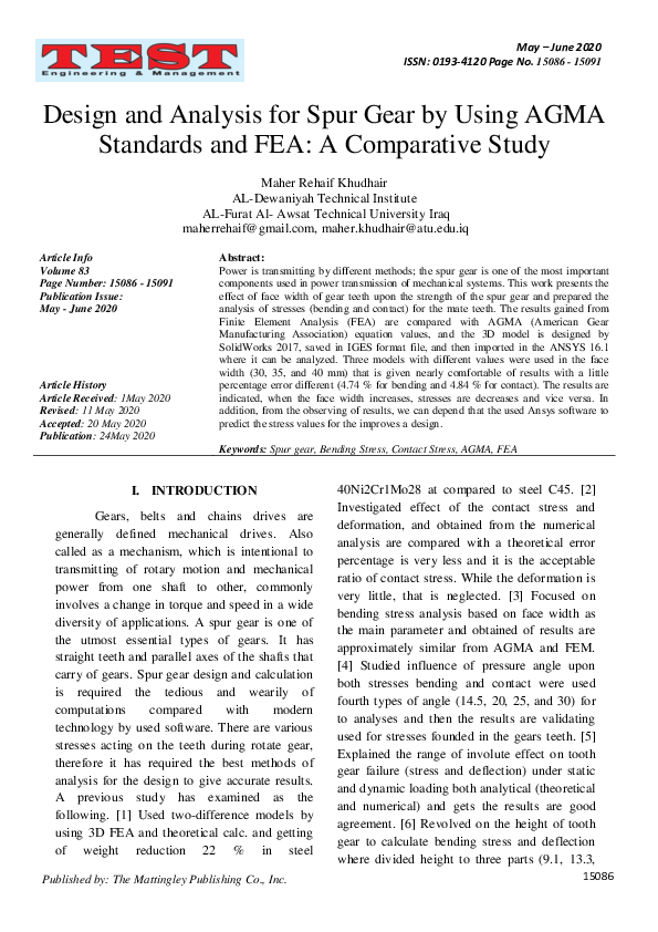 (PDF) Design and Analysis for Spur Gear by Using AGMA Standards and FEA ...
