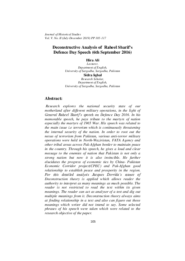 (PDF) Deconstructive Analysis of Raheel Sharif's Defence Day Speech ...