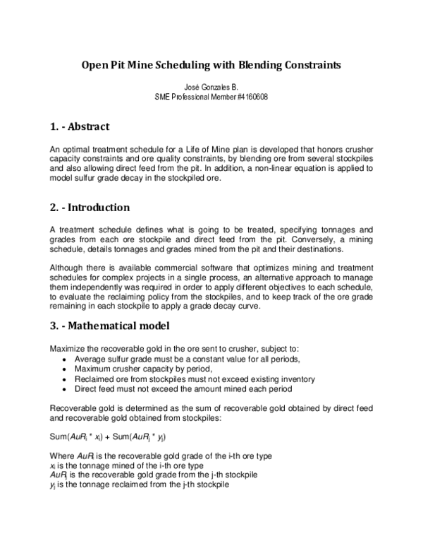 (PDF) Open Pit Mine Scheduling with Blending Constraints