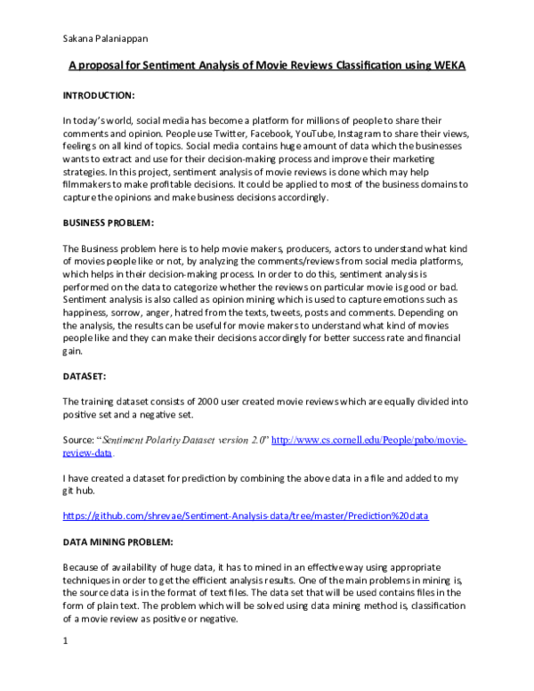 (DOC) A proposal for Sentiment Analysis of Movie Reviews Classification using WEKA INTRODUCTION