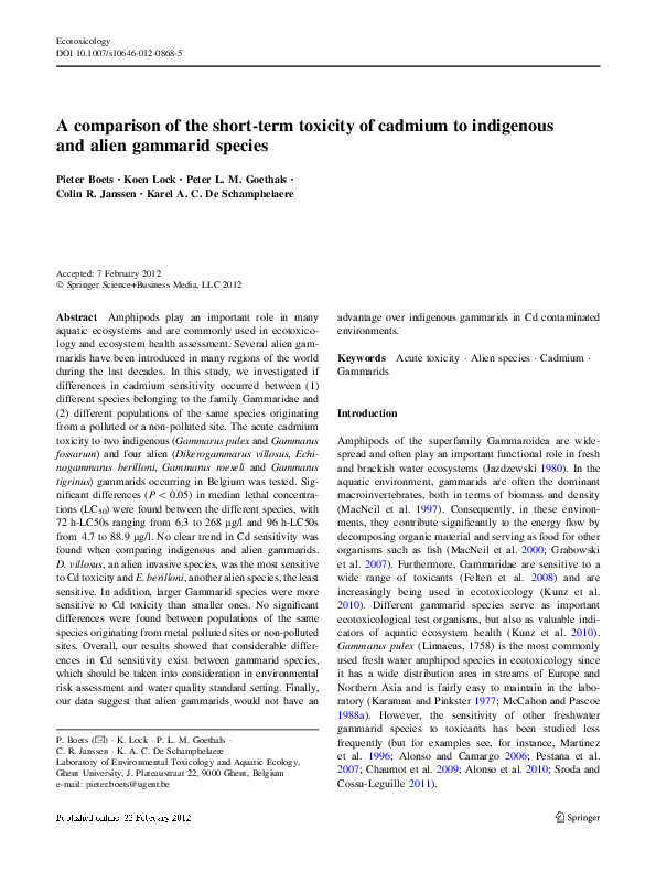 (PDF) A comparison of the short-term toxicity of cadmium to indigenous ...