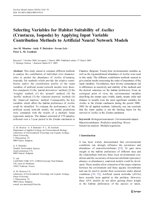 (PDF) Selecting Variables for Habitat Suitability of Asellus (Crustacea, Isopoda) by Applying ...