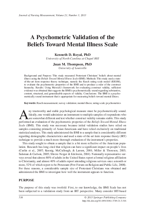 (PDF) A Psychometric Validation of the Beliefs Toward Mental Illness Scale