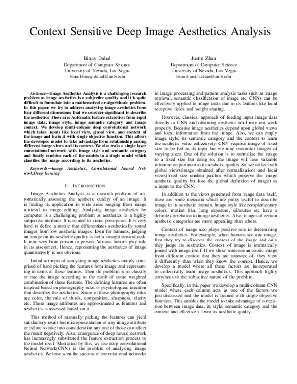 (PDF) Context Sensitive Deep Image Aesthetics Analysis