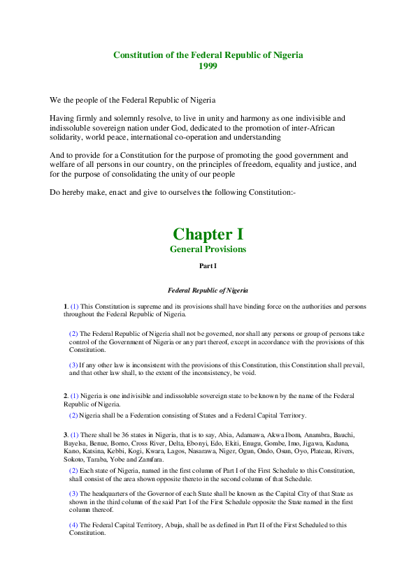 (PDF) Constitution of the Federal Republic of Nigeria 1999 Chapter I ...