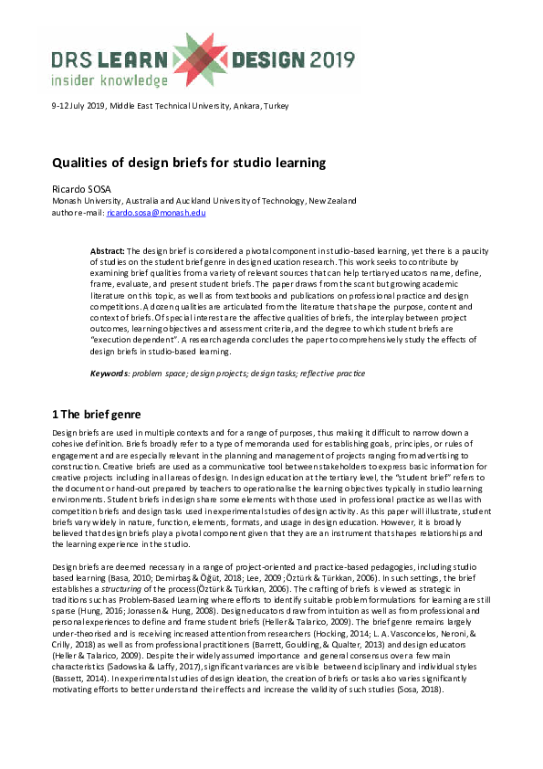 (PDF) Qualities of design briefs for studio learning