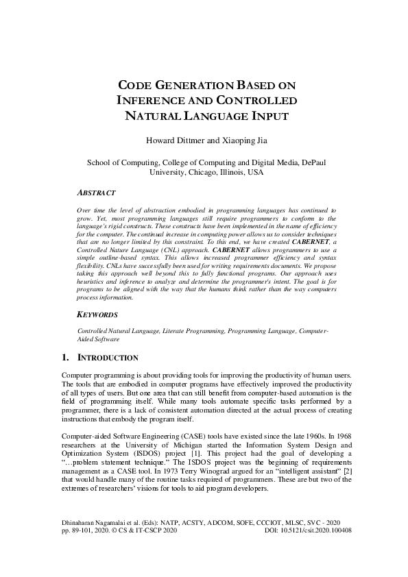 (PDF) CODE GENERATION BASED ON INFERENCE AND CONTROLLED NATURAL LANGUAGE INPUT