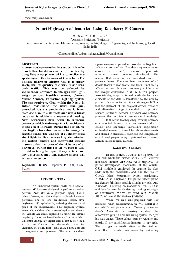 (PDF) Smart Highway Accident Alert Using Raspberry Pi Camera