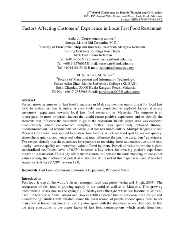 (PDF) Factors Affecting Customers' Experience in Local Fast Food Restaurant
