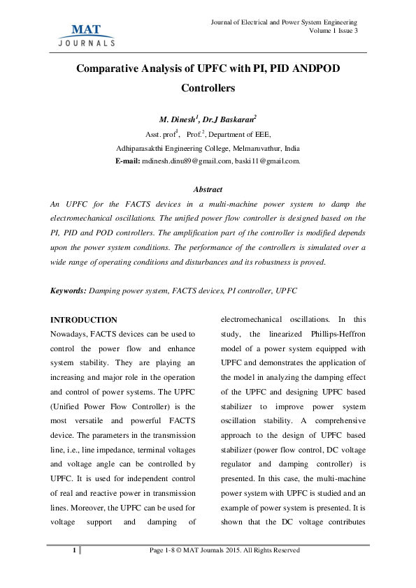 Pdf Comparative Analysis Of Upfc With Pi Pid Andpod Controllers