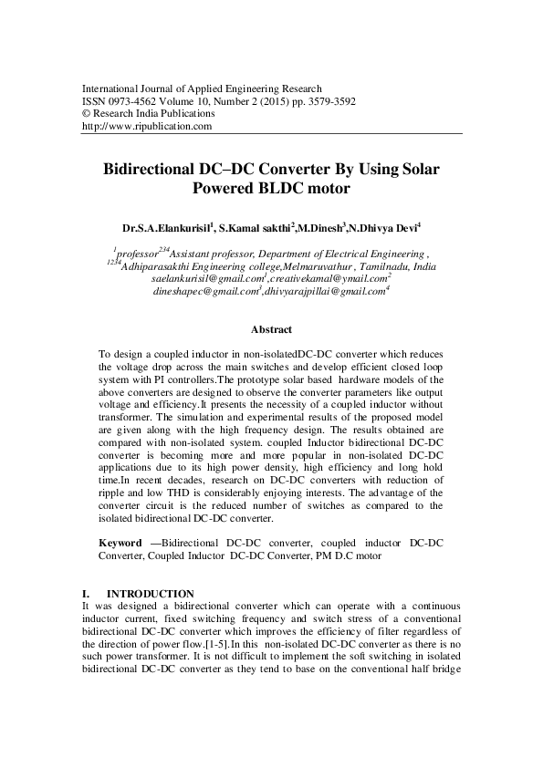 Pdf Bidirectional Dc Dc Converter By Using Solar Powered Bldc Motor