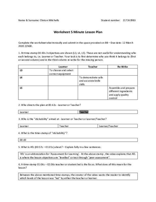 (DOC) Worksheet 5 Minute Lesson Plan Complete the worksheet ...