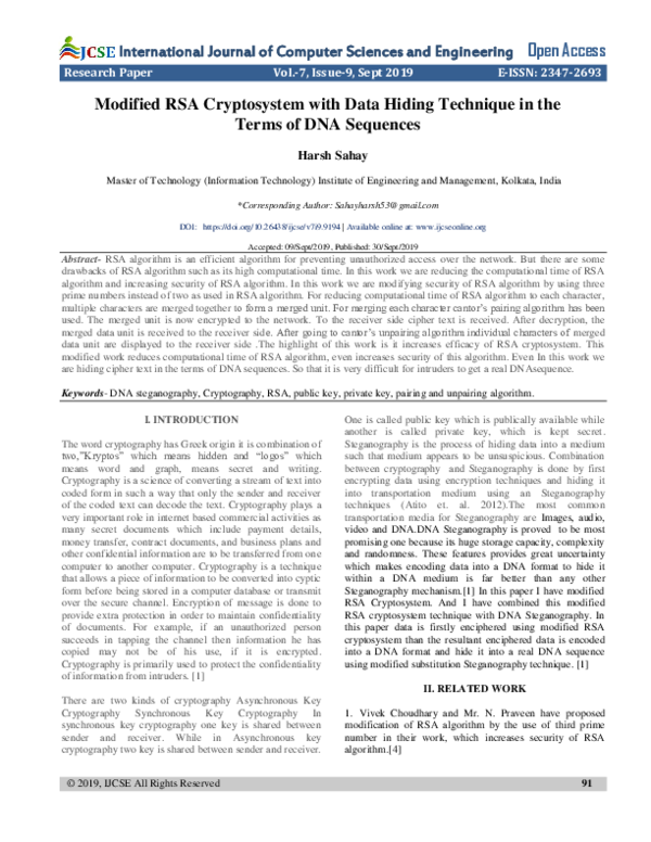 Pdf Modified Rsa Cryptosystem With Data Hiding Technique In The Terms Of Dna Sequences