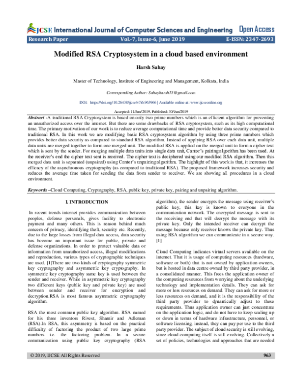 Pdf Modified Rsa Cryptosystem In A Cloud Based Environment
