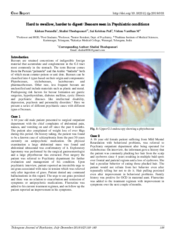 (PDF) Hard to swallow, harder to digest: Bezoars seen in Psychiatric ...