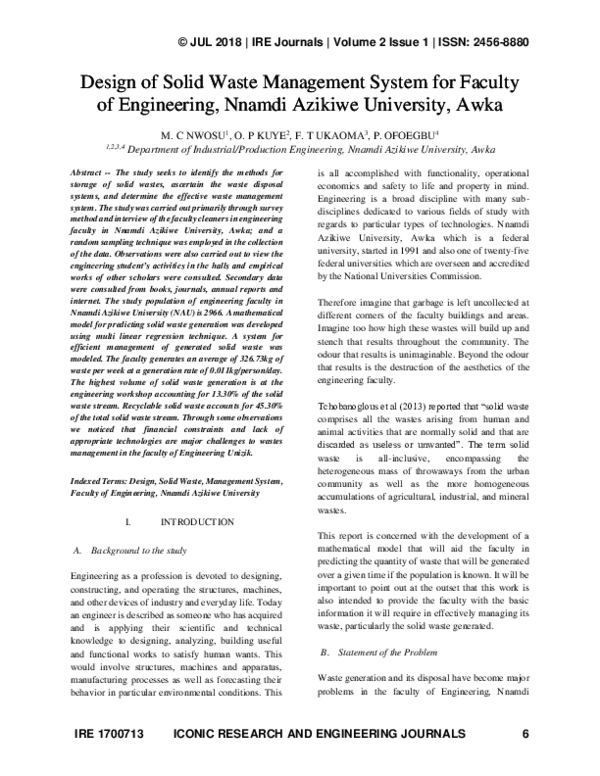 (PDF) Design Of Solid Waste Management System For Faculty Of Engineering.