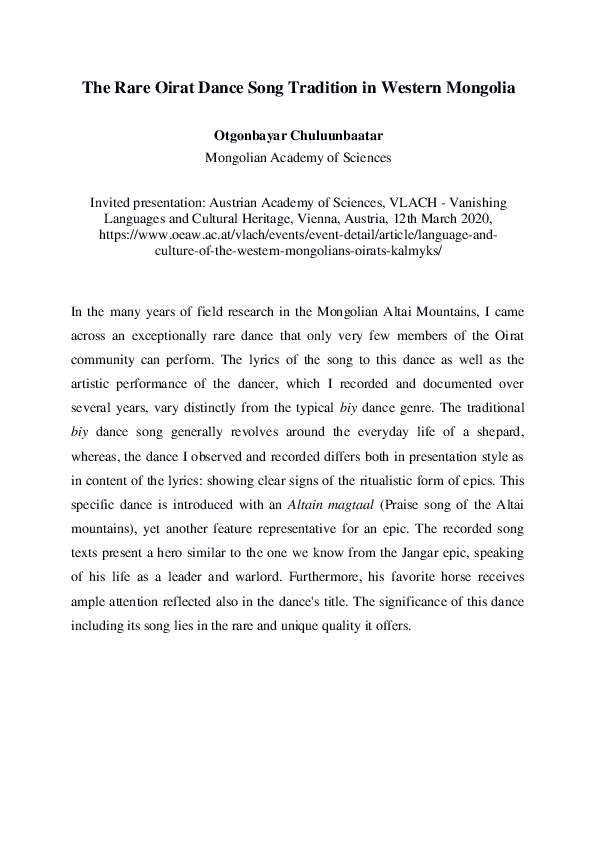 (PDF) The Rare Oirat Dance Song Tradition in Western Mongolia