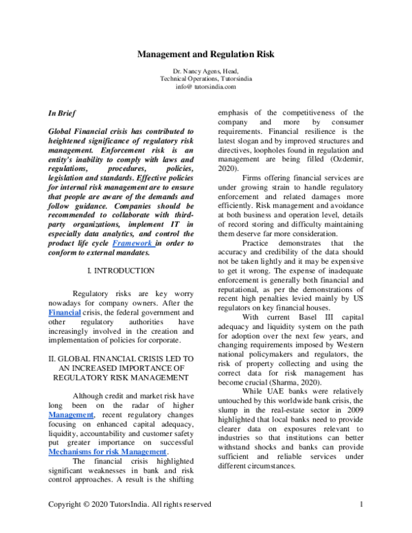 (PDF) Management and Regulation Risk