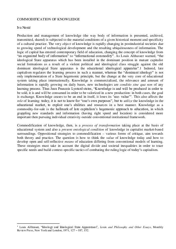 (PDF) COMMODIFICATION OF KNOWLEDGE (a short entry)
