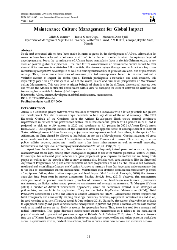 (PDF) Maintenance Culture Management for Global Impact