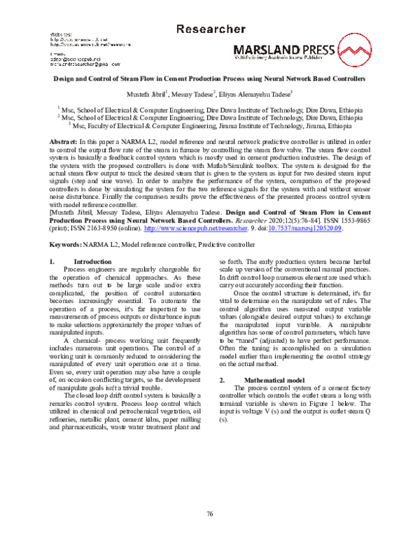 (PDF) Design and Control of Steam Flow in Cement Production Process using Neural Network Based ...
