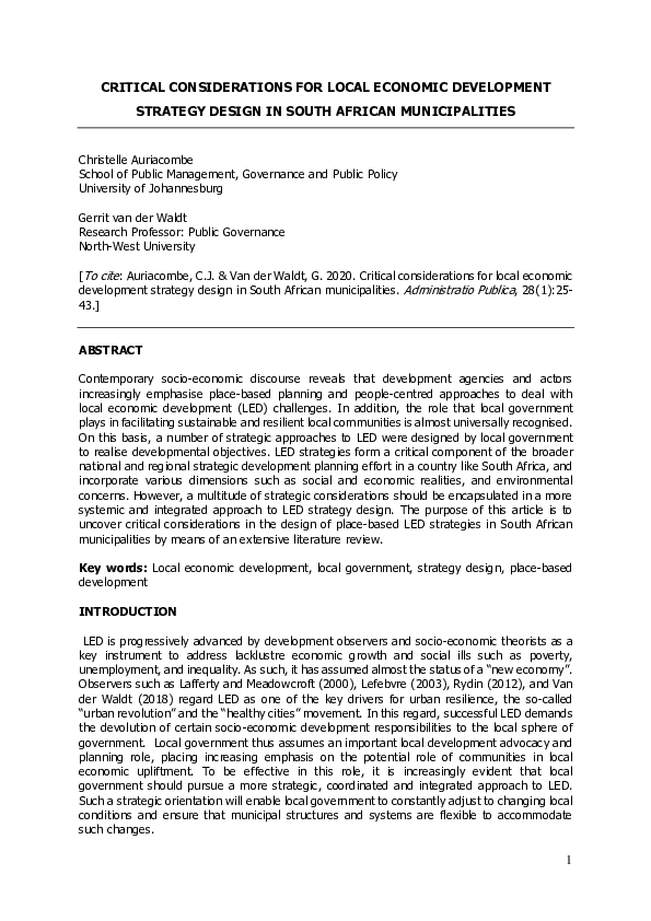 (PDF) CRITICAL CONSIDERATIONS FOR LOCAL ECONOMIC DEVELOPMENT STRATEGY ...